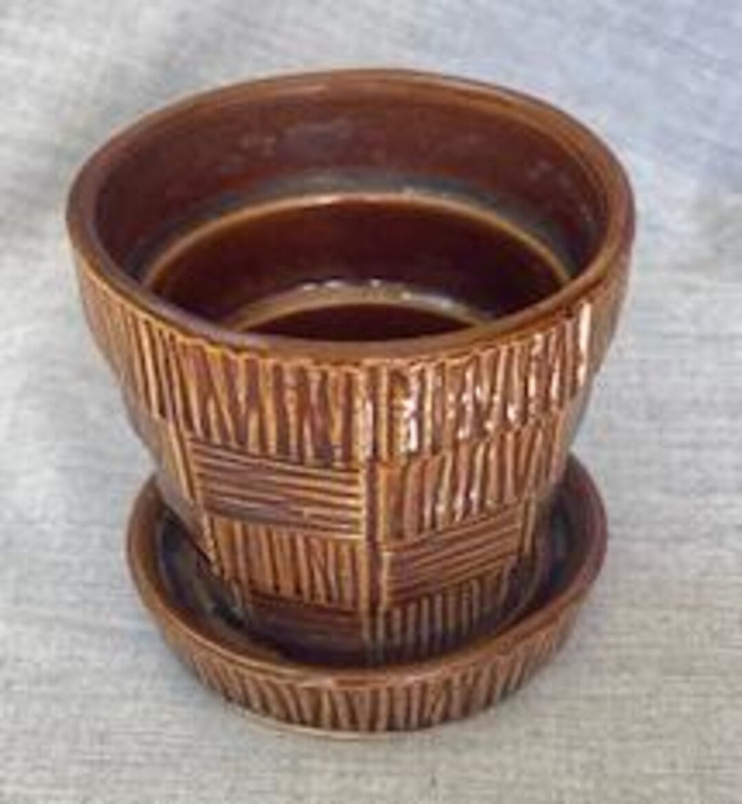 Vintage Mccoy Pottery Planter. Brown Basket Weave Design With Saucer ...