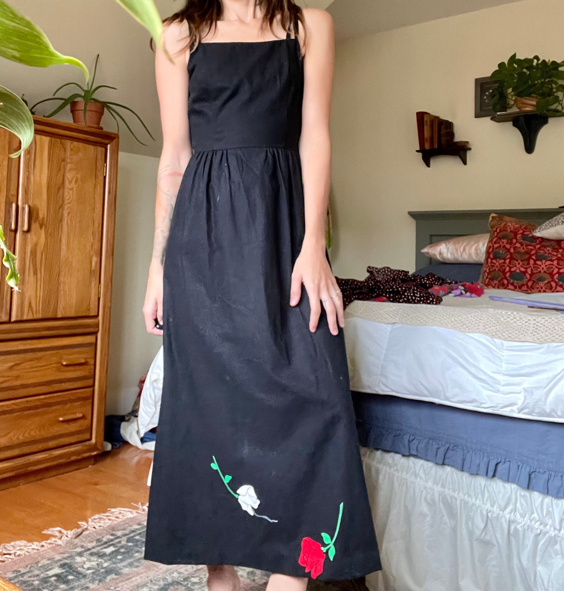 70s Malia Honolulu Black Rose Maxi With Built in Bra S/M - Etsy