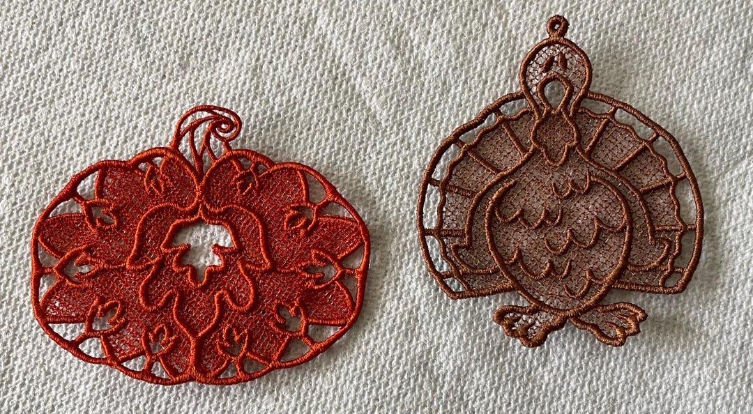 Set of 2 Fall Themed Ornaments, Freestanding Embroidered Turkey and ...