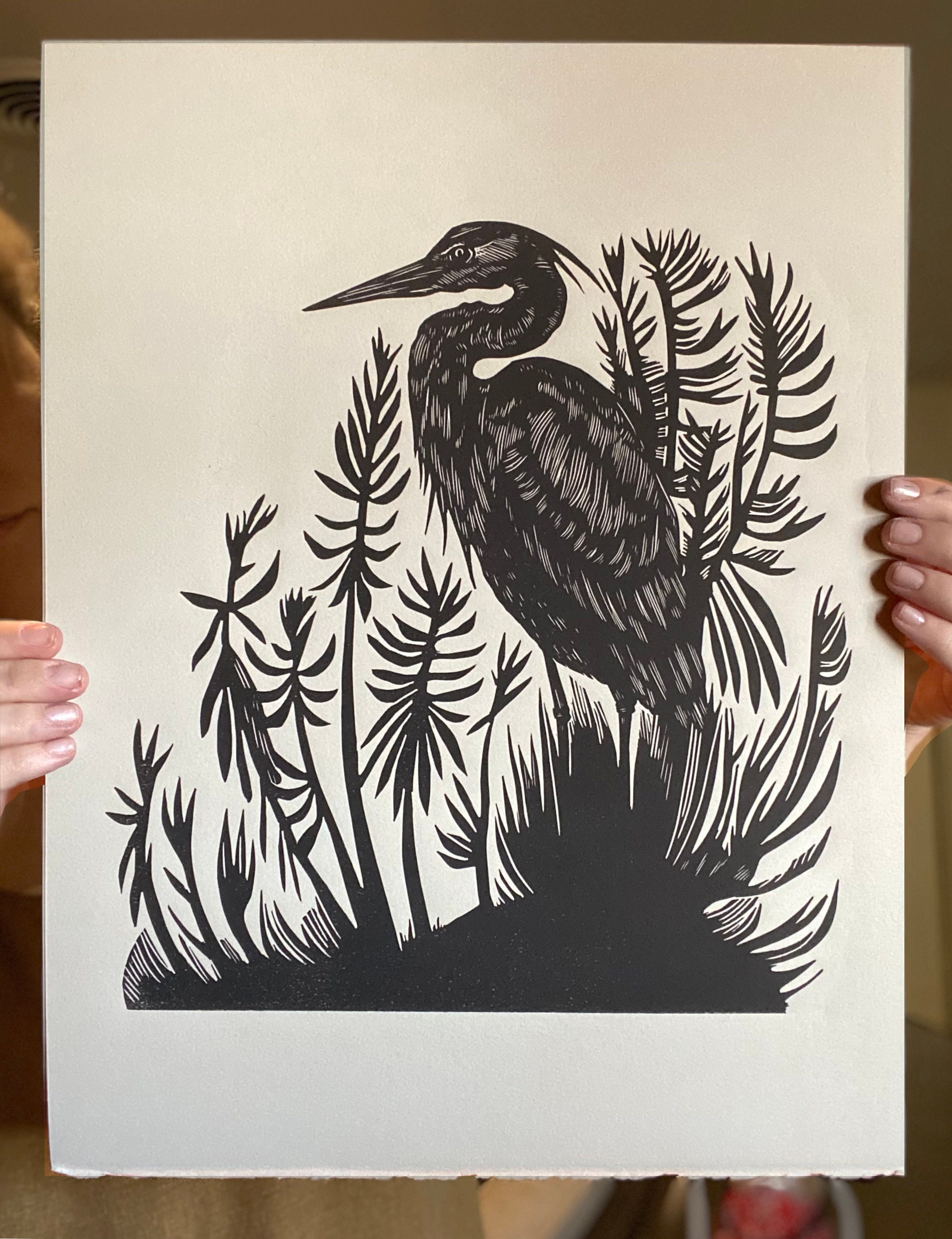 Heron, Linocut Art Print, - Etsy
