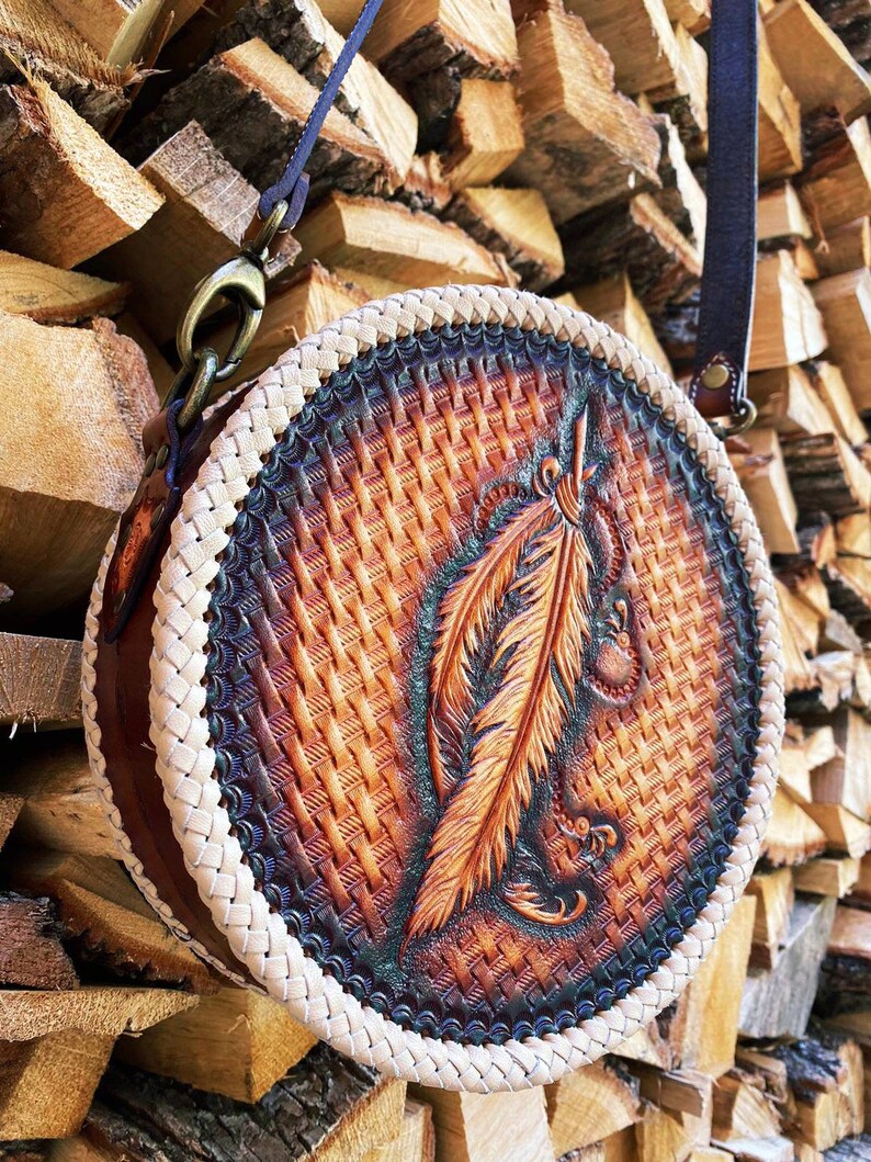 Handmade Round Leather Shoulder Bag: Carved Feather Design - Etsy UK