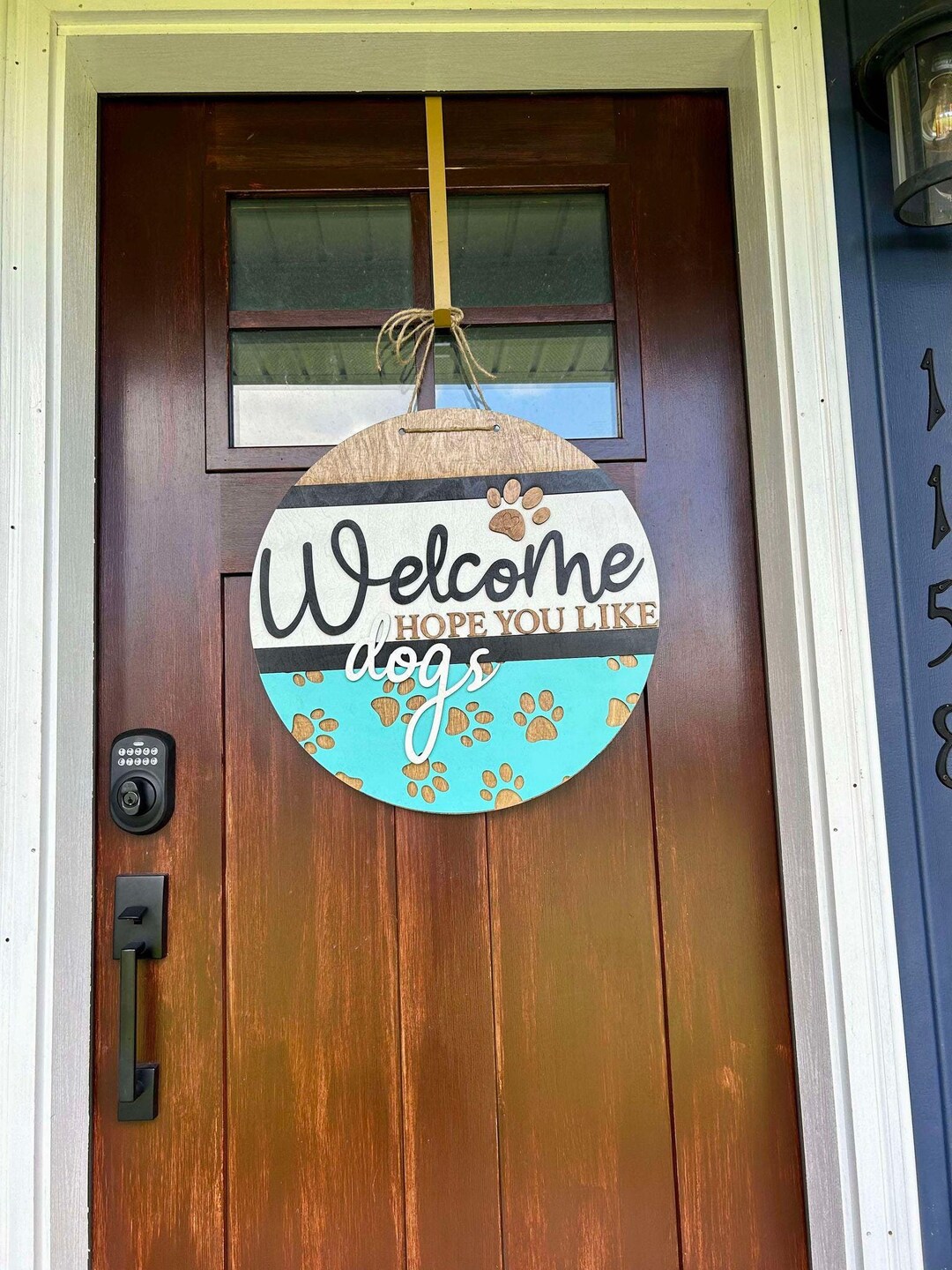 Welcome Hope You Like Dogs Door Hanger: Teal, Black & White Stained ...