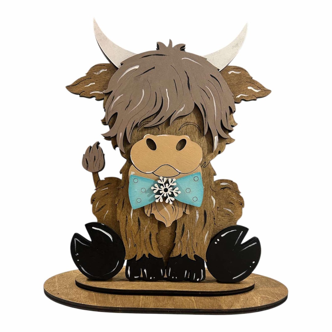 Interchangeable Highland Cow Bow Tie Wood Shelf Sitter/ Fluffy Cow ...