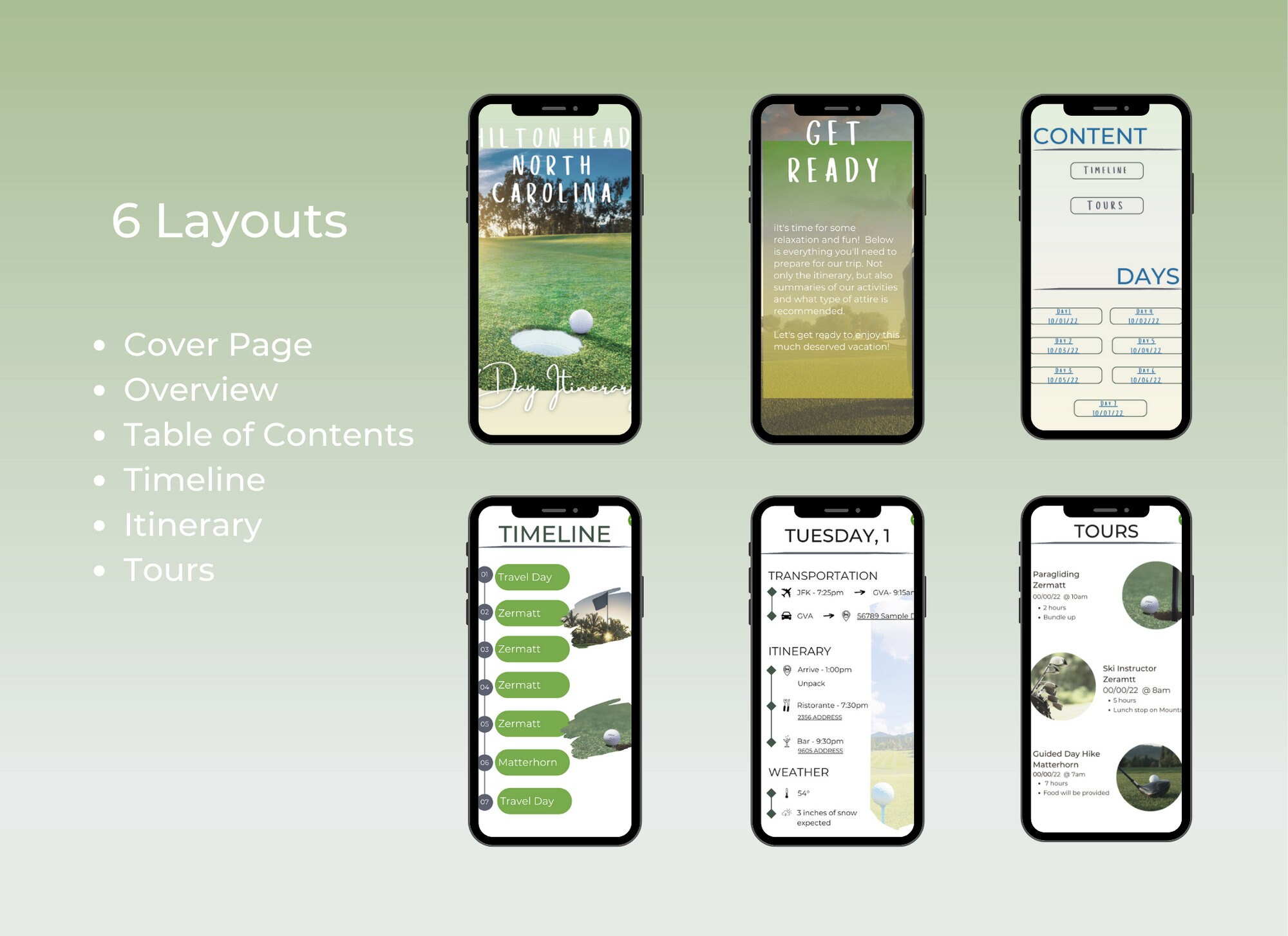 Golf Mobile Travel Itinerary Template, Digital Trip Itinerary, Travel ...