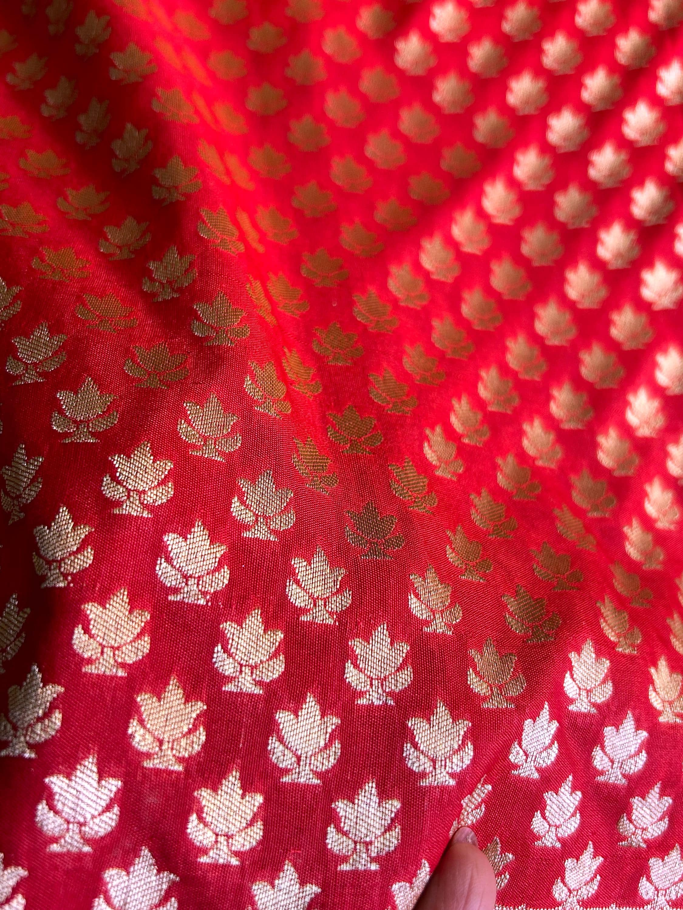 Cherry Red Brocade Silk Blend Fabric With Gold Weaved Motifs – Elegant ...
