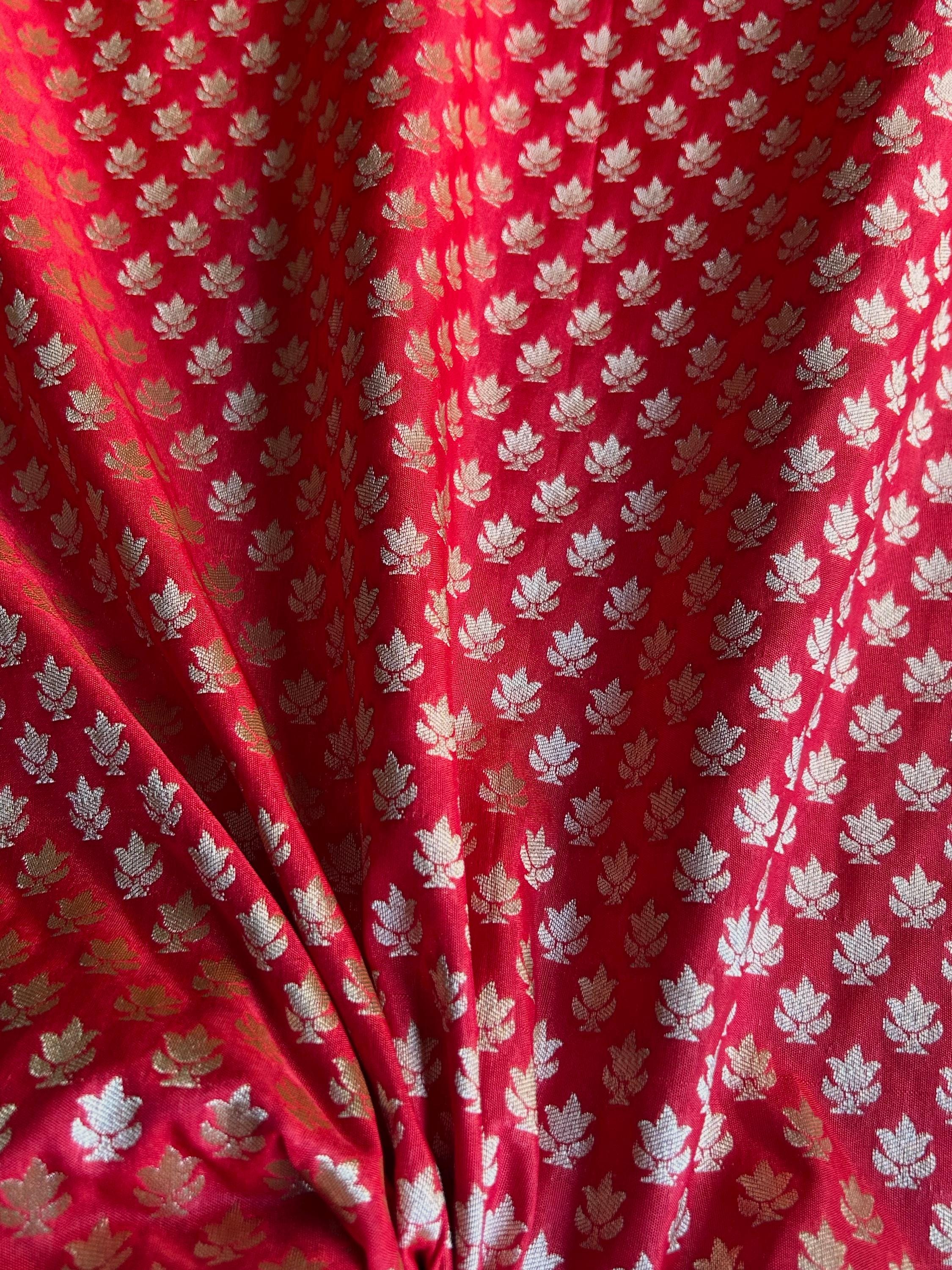 Cherry Red Brocade Silk Blend Fabric With Gold Weaved Motifs – Elegant ...