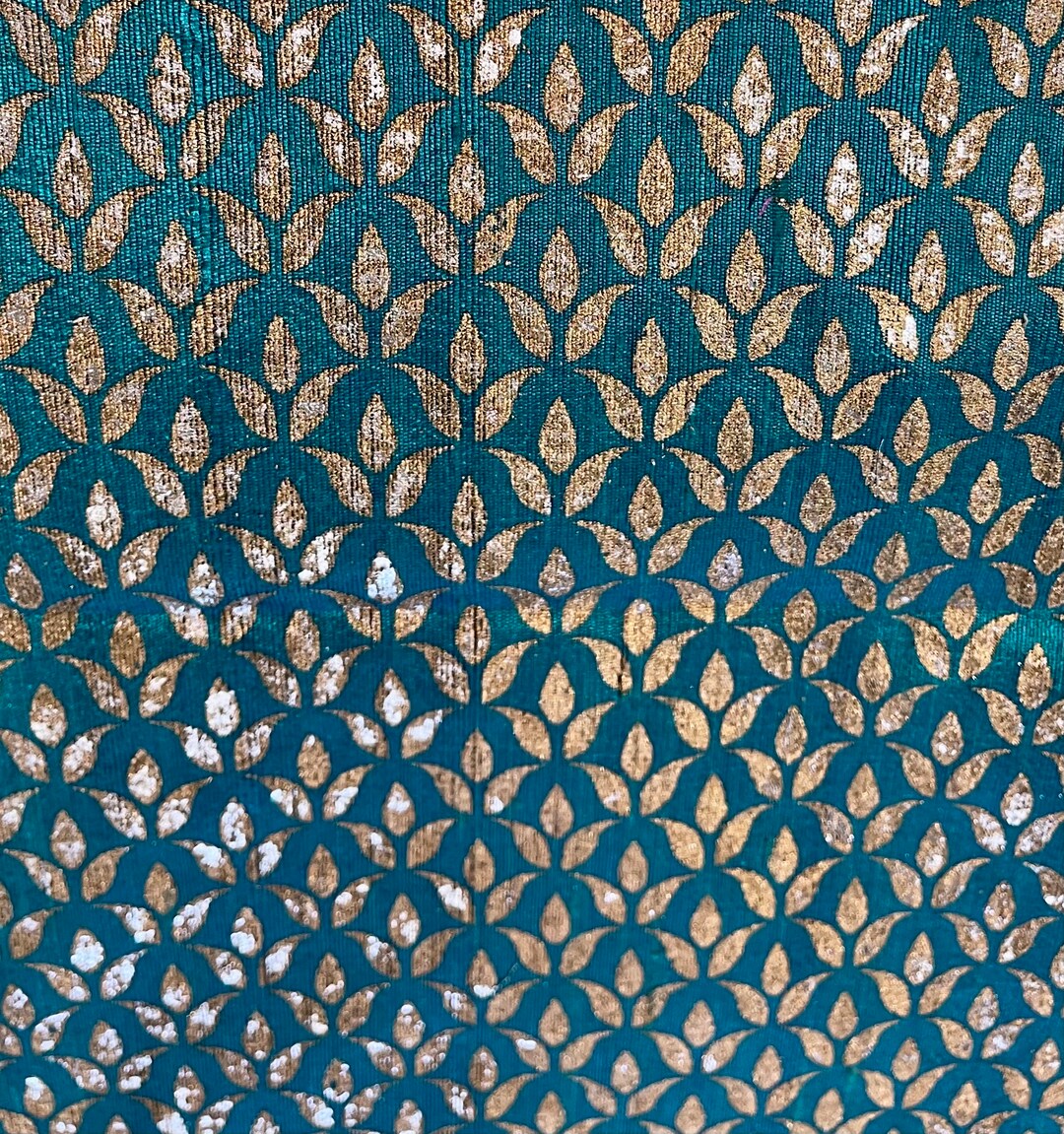 Teal Blue Gold Metallic Foil Art Silk Fabric - Indian Decorative ...