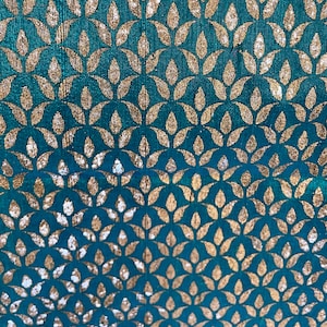Teal Blue Gold Metallic Foil Art Silk Fabric - Indian Decorative ...
