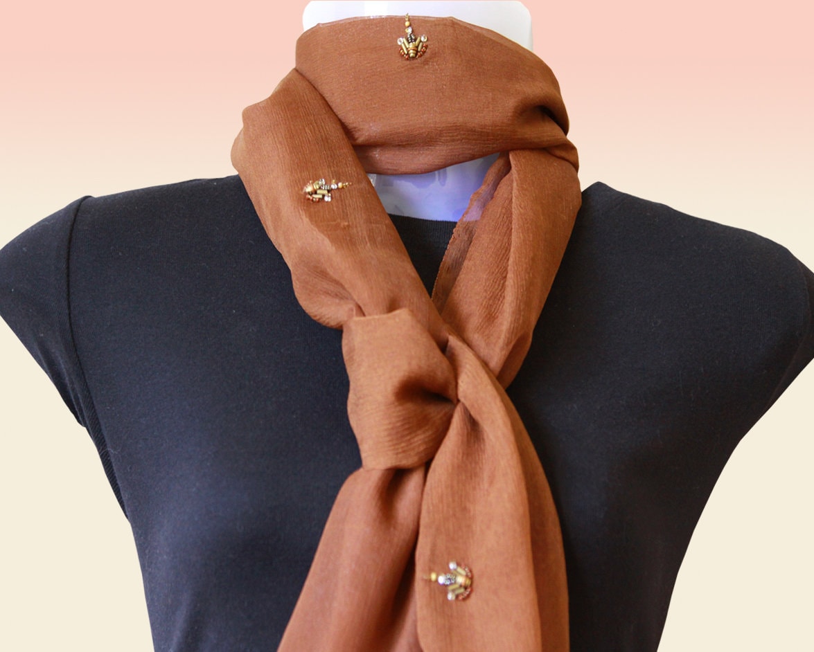 Brown Scarf - Upcycled Scarf - Long Chiffon Scarf in Earth Brown With ...
