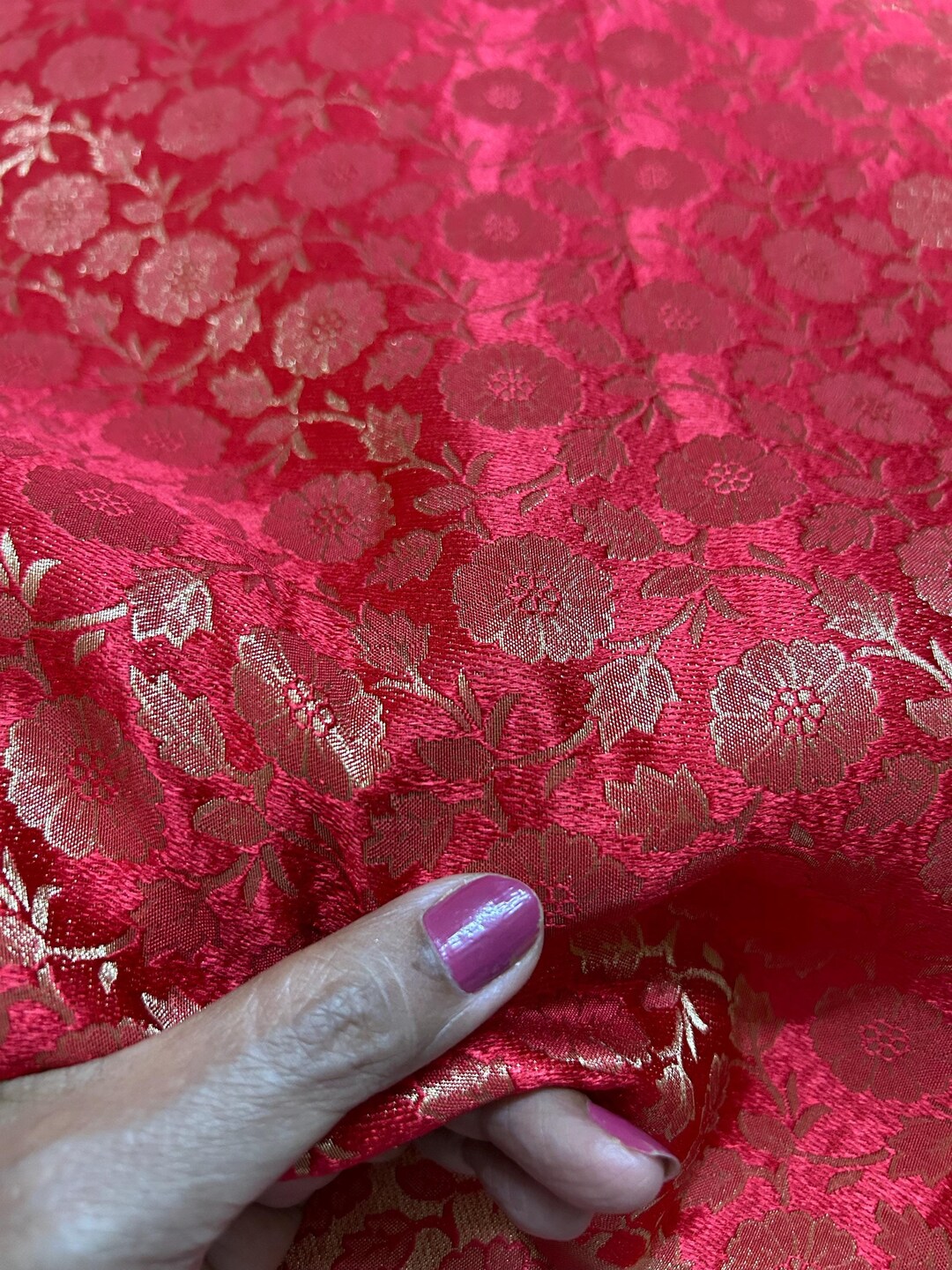 Bright Ruby Red Indian Brocade Silk Fabric | Sale by Fabric Size | Gold ...