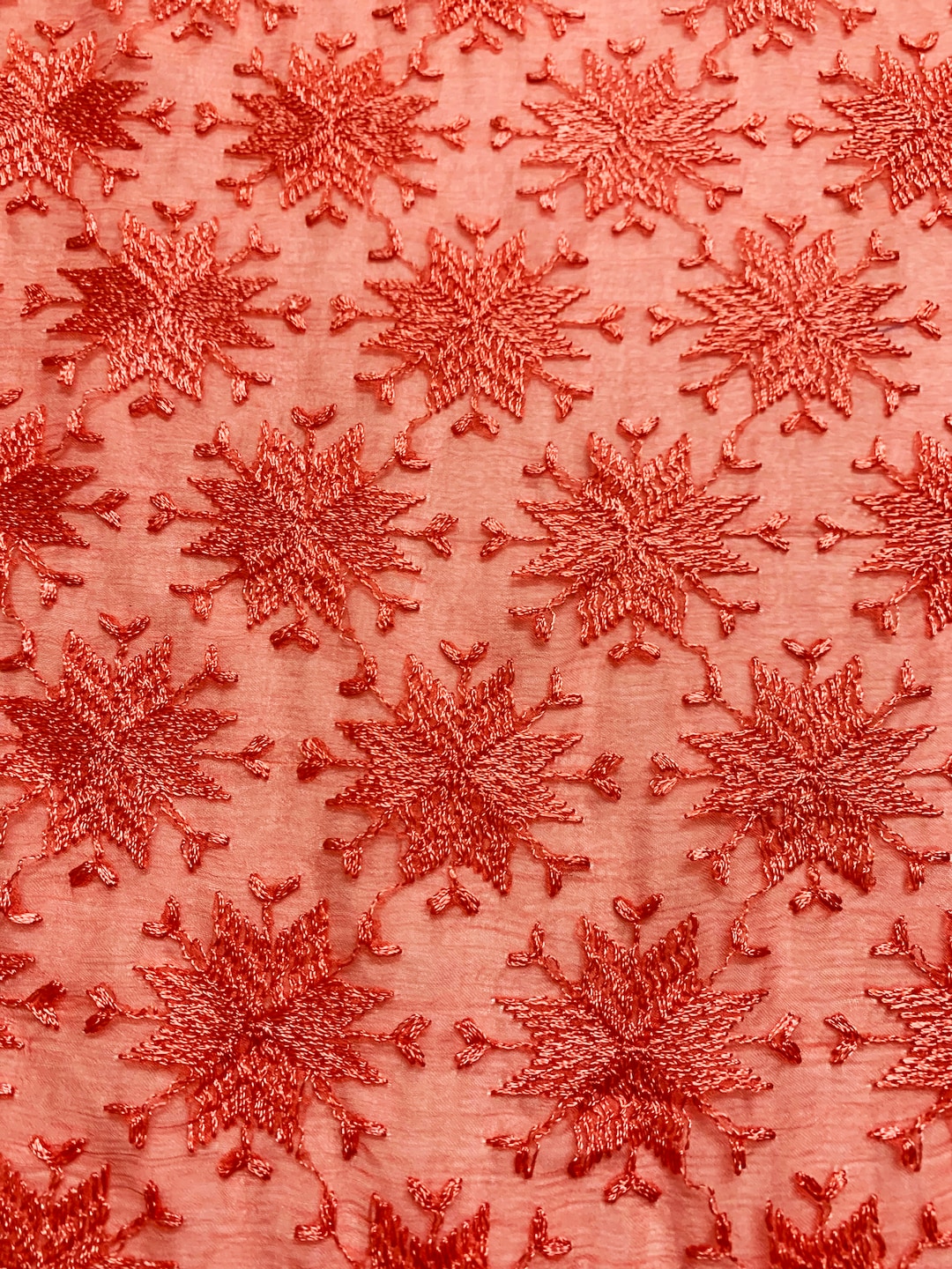 Coral Orange Sheer Embroidered Fabric | Sale by Fabric Size ...