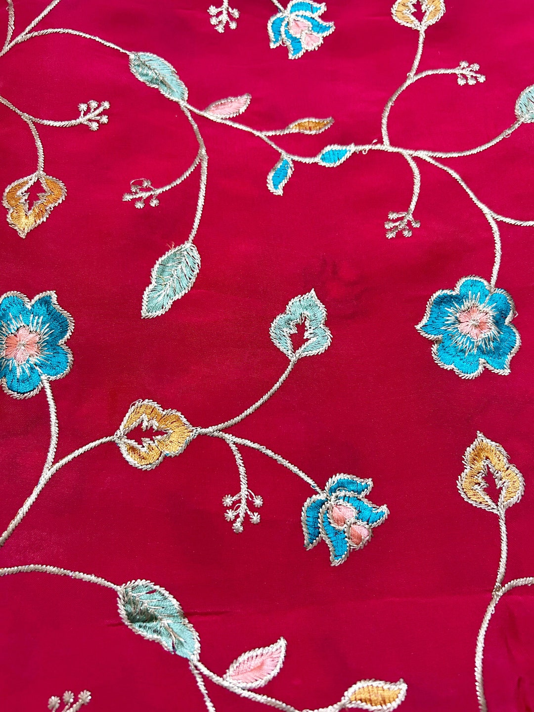 Deep Red Heavy Embroidered Decorative Indian Silk Fabric | Sale by ...
