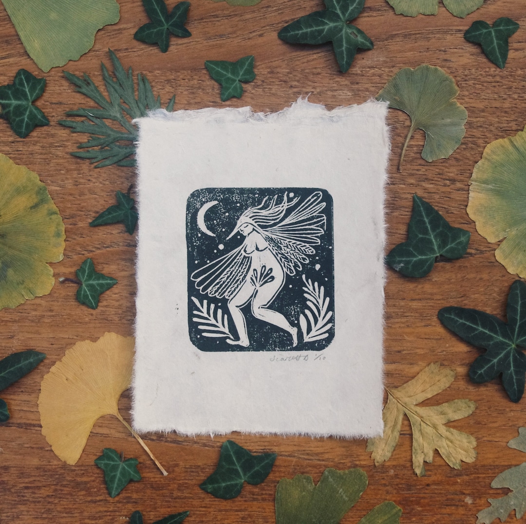 Winged One - Small Lino Print - Wild Woman - Bird Woman - A6 Print ...