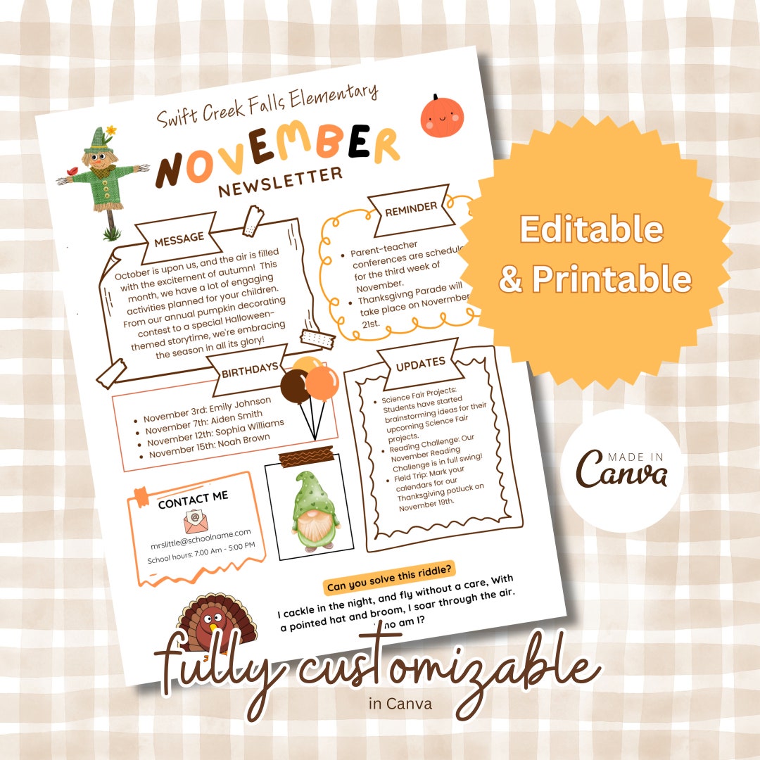 Newsletter Template, Editable Newsletter, Monthly Newsletter, School ...