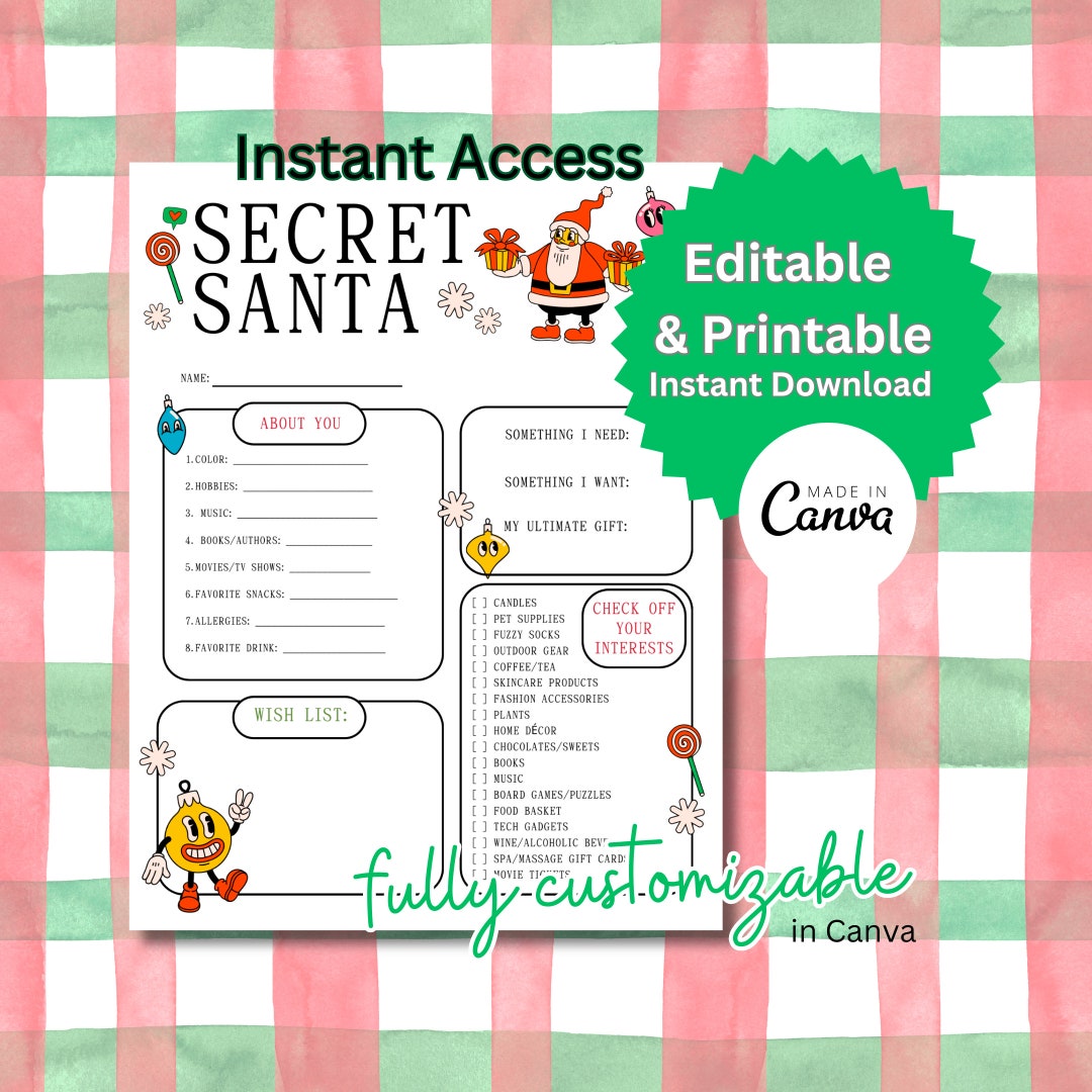 Secret Santa Questionnaire Secret Santa Questionnaire for - Etsy