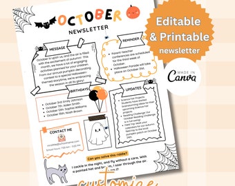 October Newsletter Template, Newsletter Template, Editable Newsletter ...