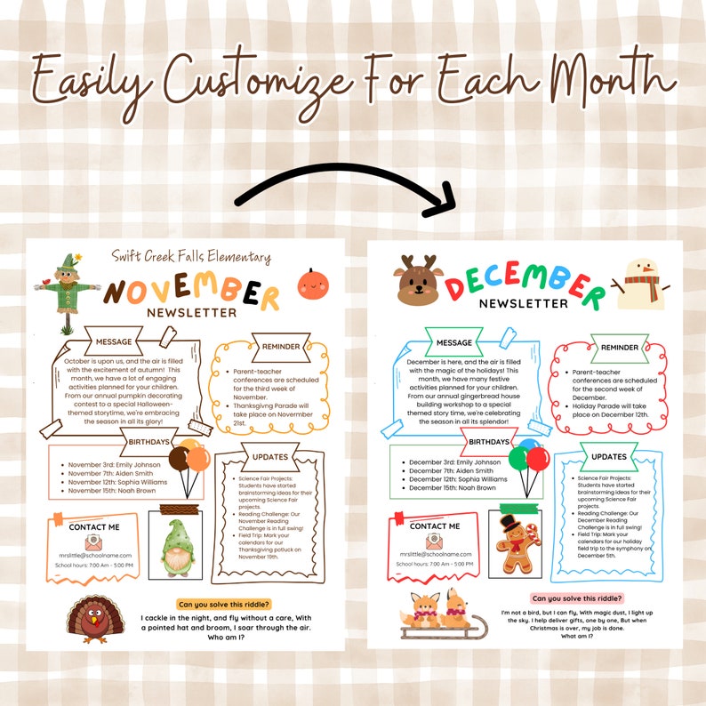 Newsletter Template, Editable Newsletter, Monthly Newsletter, School ...