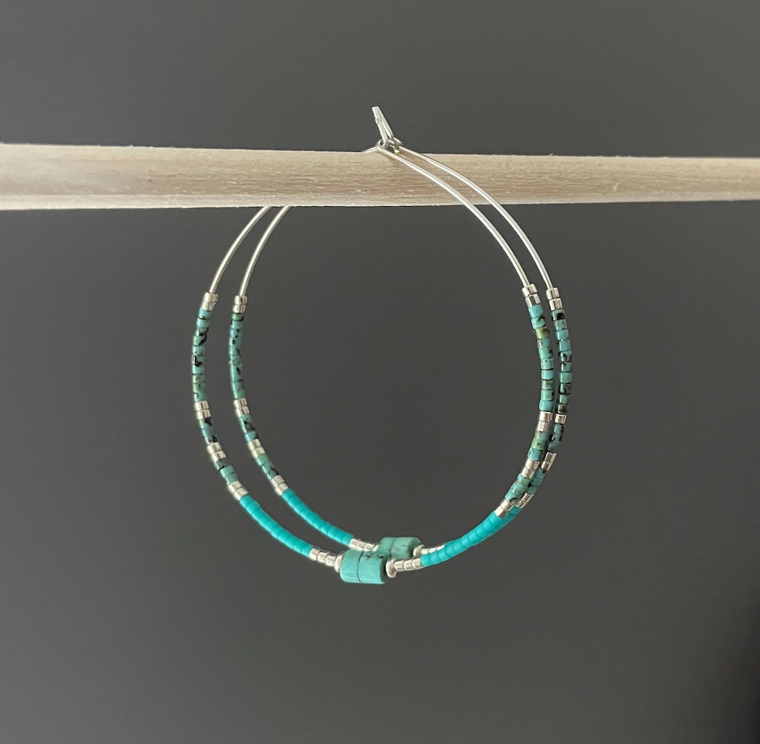Turquoise Beach Hoop Earrings, Threader Hoops, Silver Hoops + Tiny ...