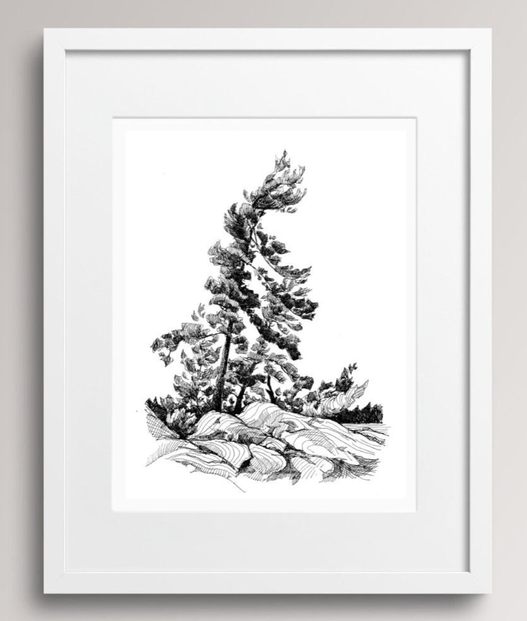 White Pine Ink Drawing Print Landscape Art, Watercolour, Black and ...