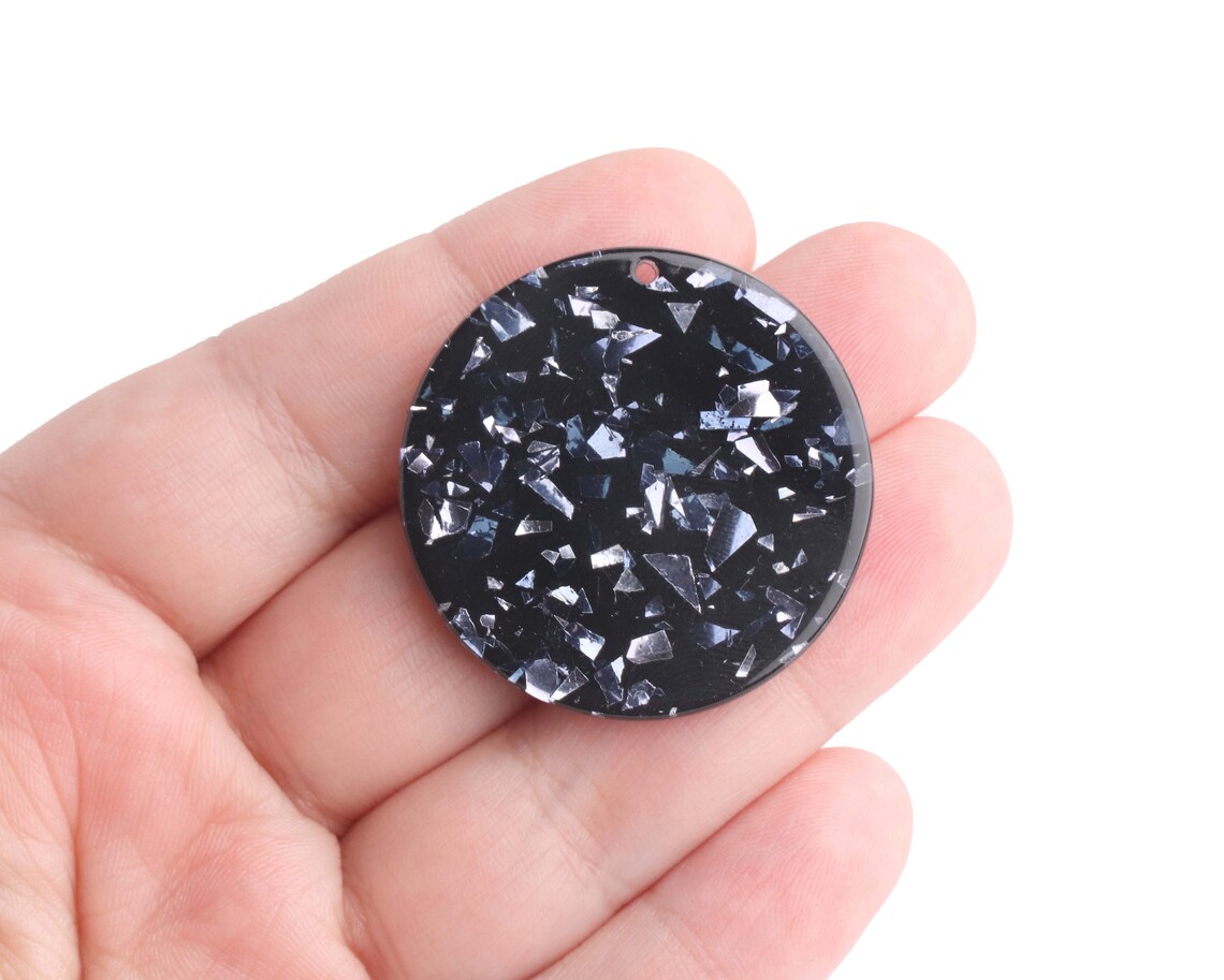 4 Black Acrylic Pendants With Mineral Blue and Silver Glitter, 35mm ...
