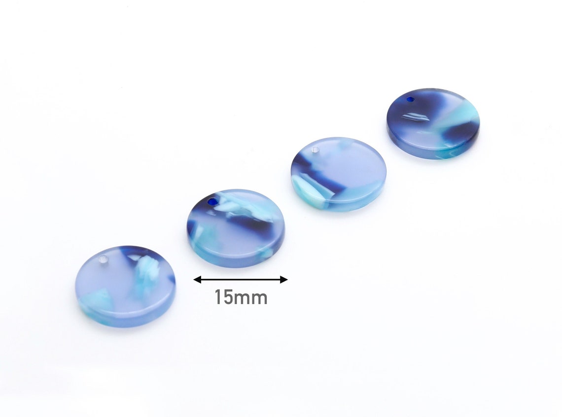 4 Flat Round Drops in Blue Tortoise Shell, Dark Blue Acetate Charms ...