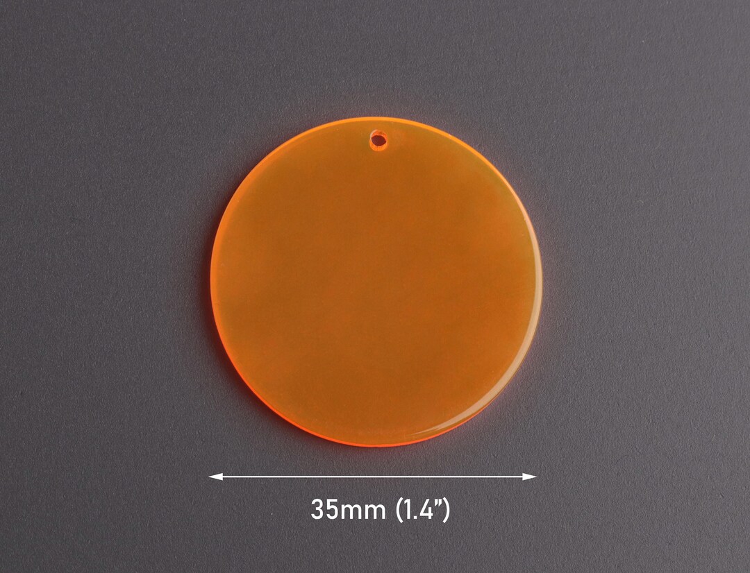 4 Neon Orange Round Plastic Charms, 35mm, 1 Hole, Acrylic, Transparent ...
