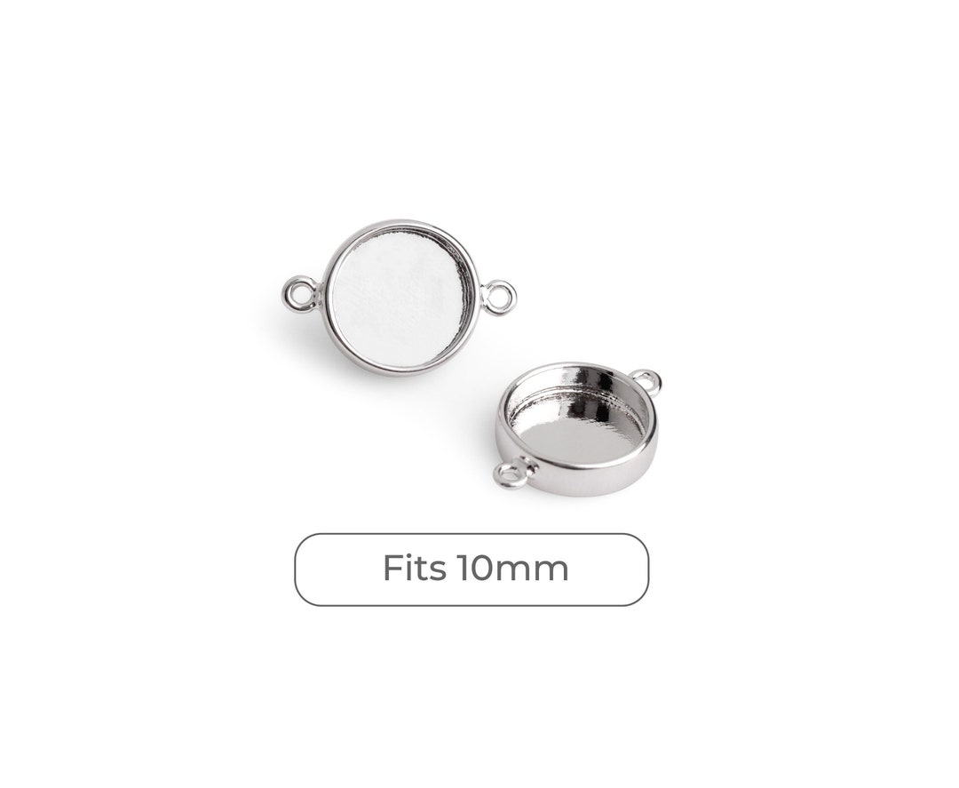 4 Round Bezel Connectors in Silver Plated, Fits 10mm Cabochons, 2 Loop ...