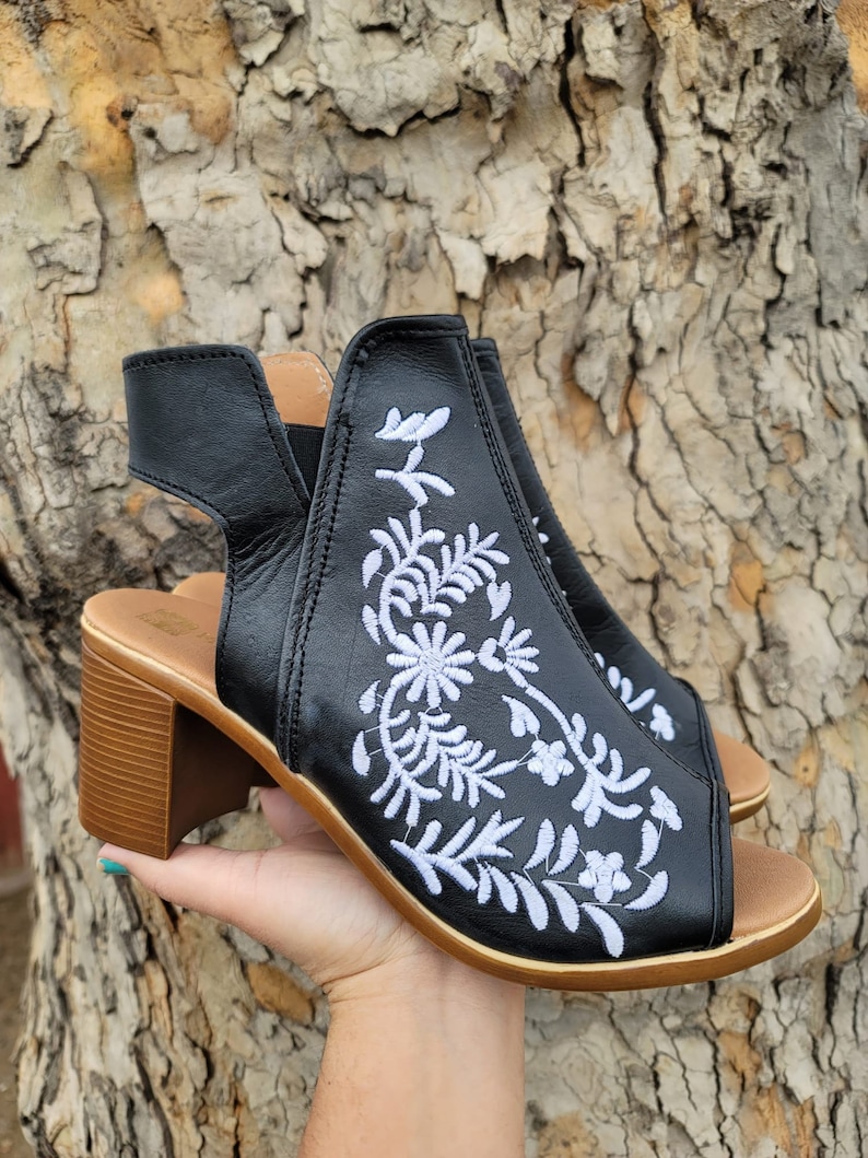 Maribel Black Emboridered Mexican Wedges/mexican - Etsy