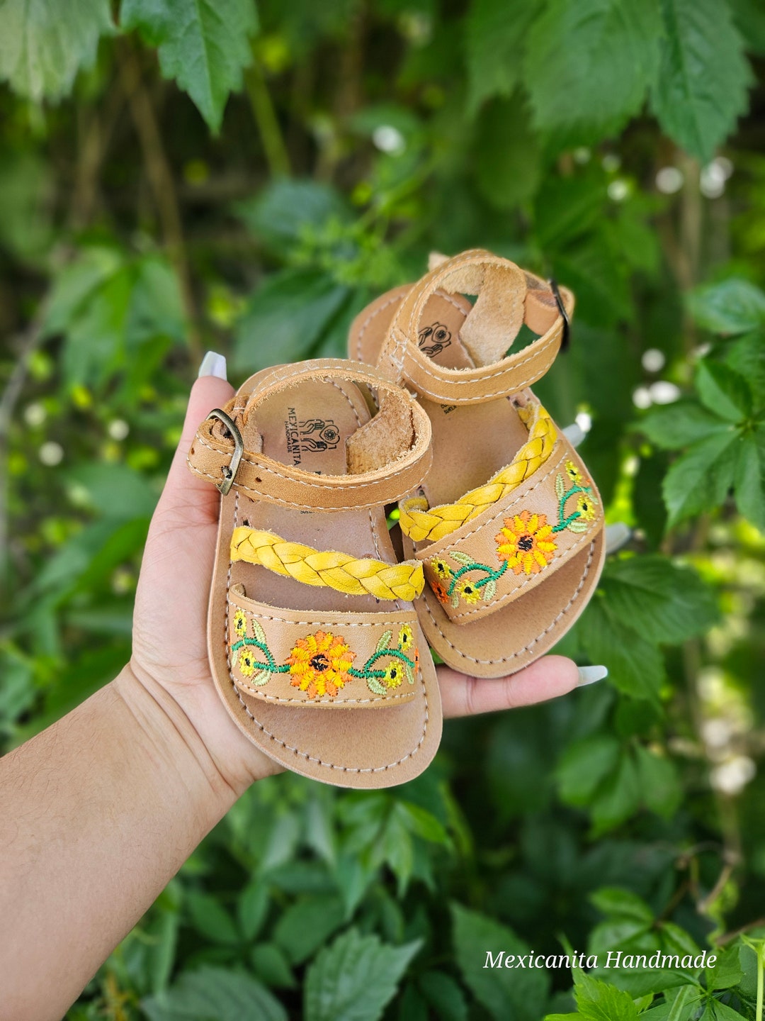 Handmade Leather Baby Huaraches Sandals: Yellow Sunflower Embroidered ...