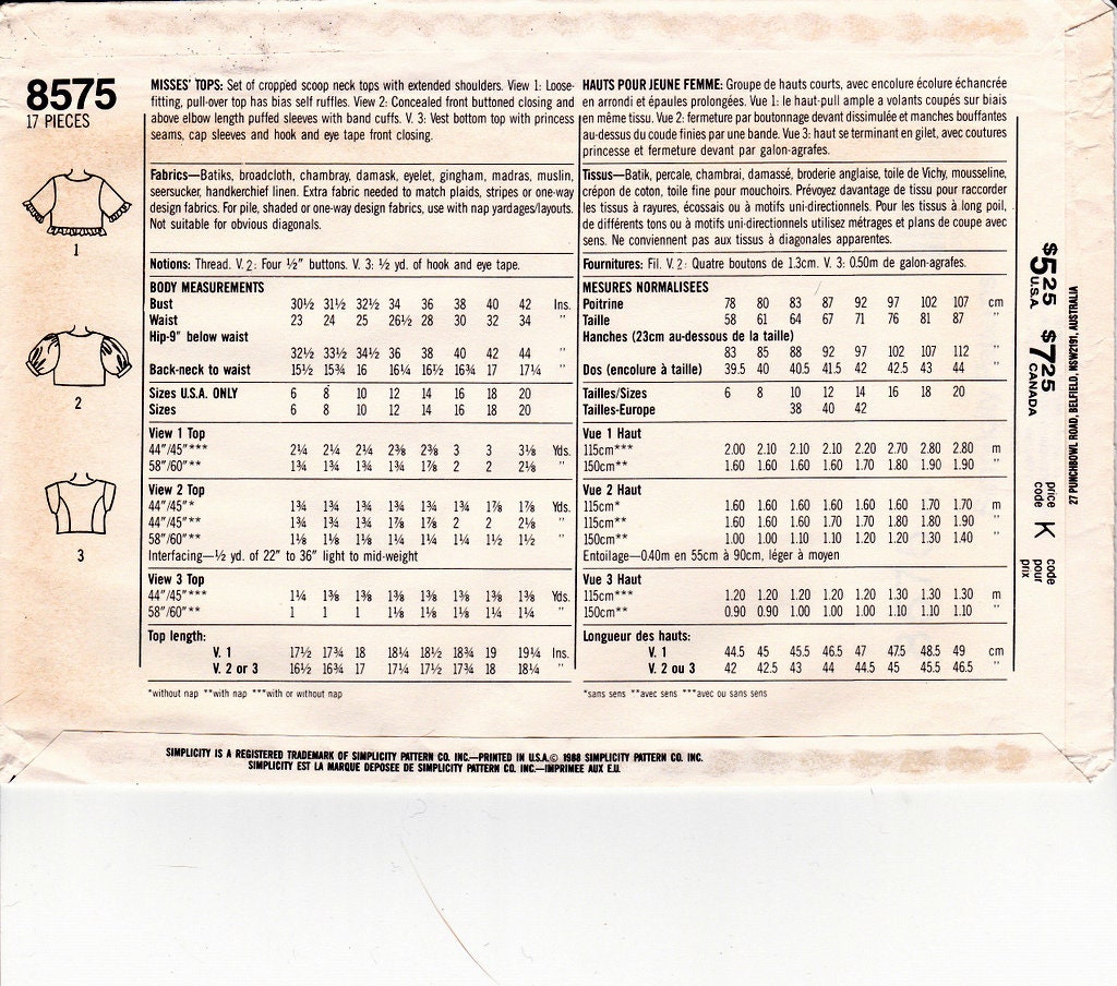 Simplicity 8575 Vintage Sewing Pattern, Misses' Set of Tops Scoop Neck ...