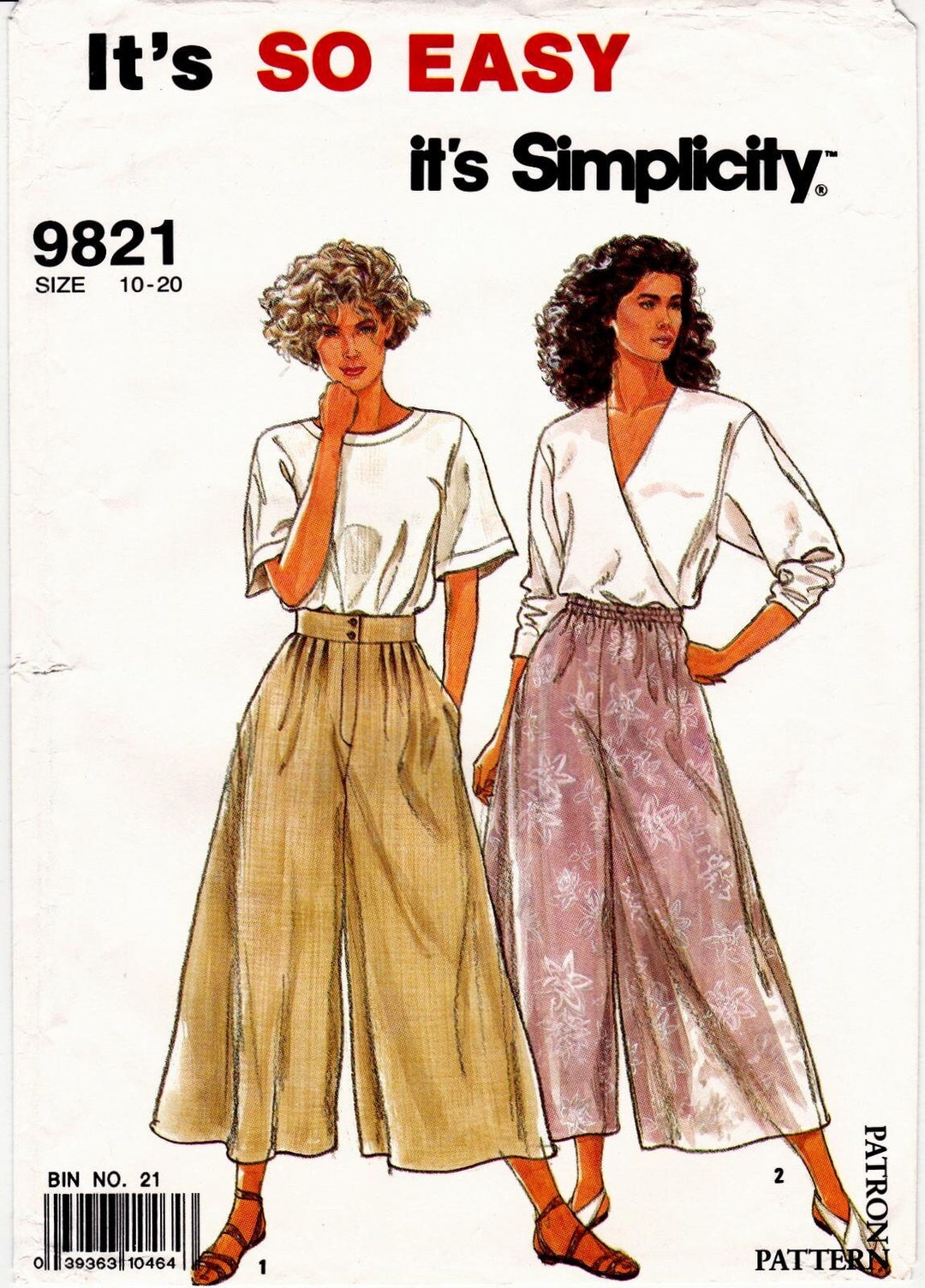 Simplicity 9821 Vintage Sewing Pattern, Misses' Culottes With Waist ...