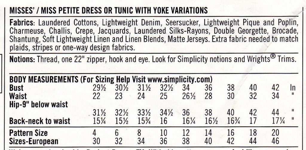 Simplicity 2922 Sewing Pattern, Misses'/miss Petite Dress or Tunic ...