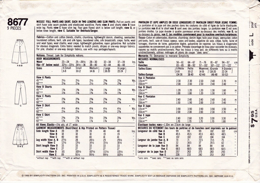 Simplicity 8677 Vintage Sewing Pattern, Misses' Full Pants & Skirt ...