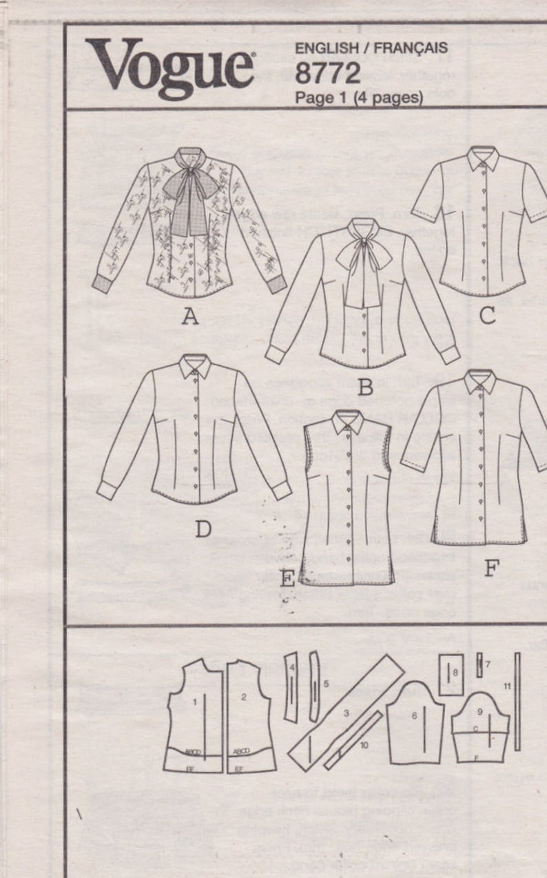 Vogue 8772 Sewing Pattern, Misses' Blouses Fitted With Collar, Sleeve ...