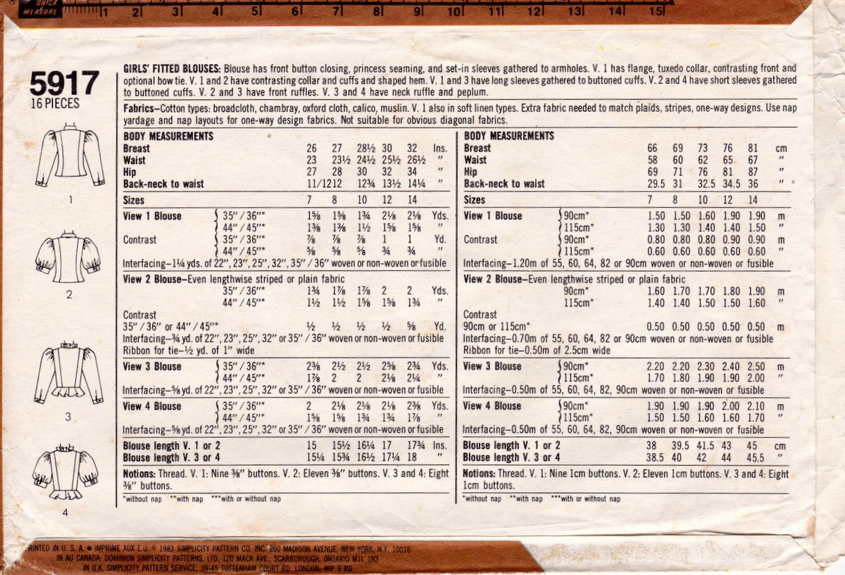 Simplicity 5917 Vintage Sewing Pattern, Girl's Fitted Blouses With ...