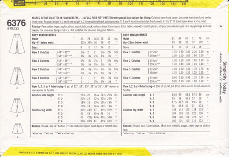 Simplicity 6376 Vintage Sewing Pattern, Misses' Set of Culottes in Four ...