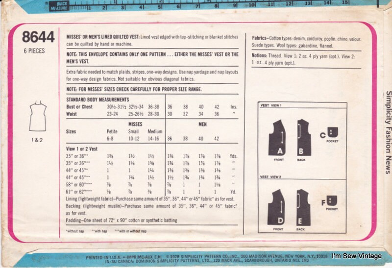Simplicity 8644 Vintage Sewing Pattern, Men's Lined Quilted Vest Sewing ...