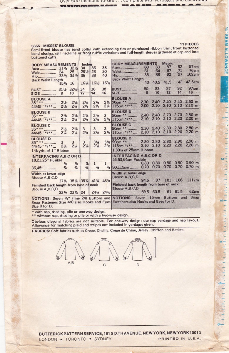 Butterick 5655 Vintage Sewing Pattern Misses' Blouse - Etsy