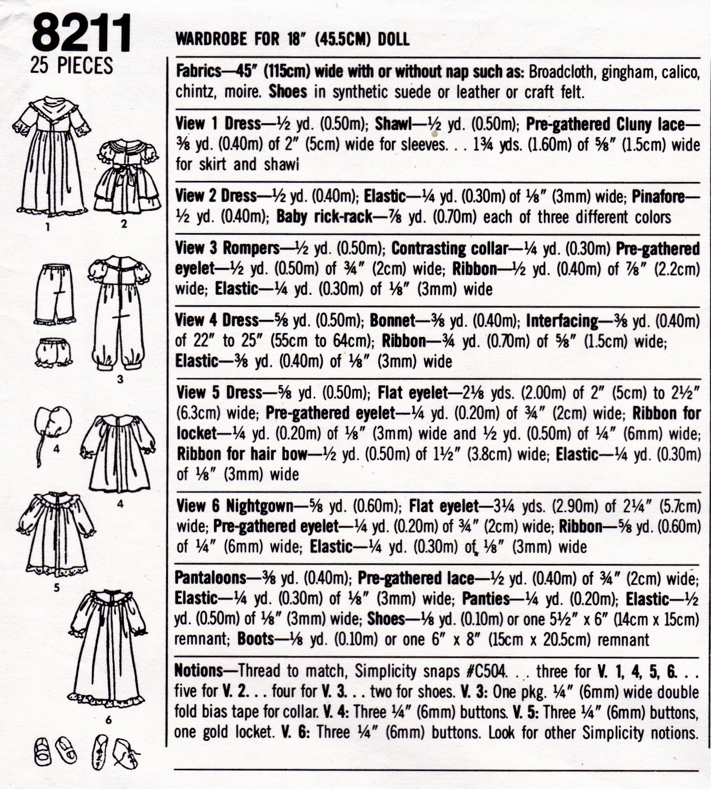 Simplicity 8211 Crafts Pattern, Wardrobe for 18 Doll Dresses, Rompers ...