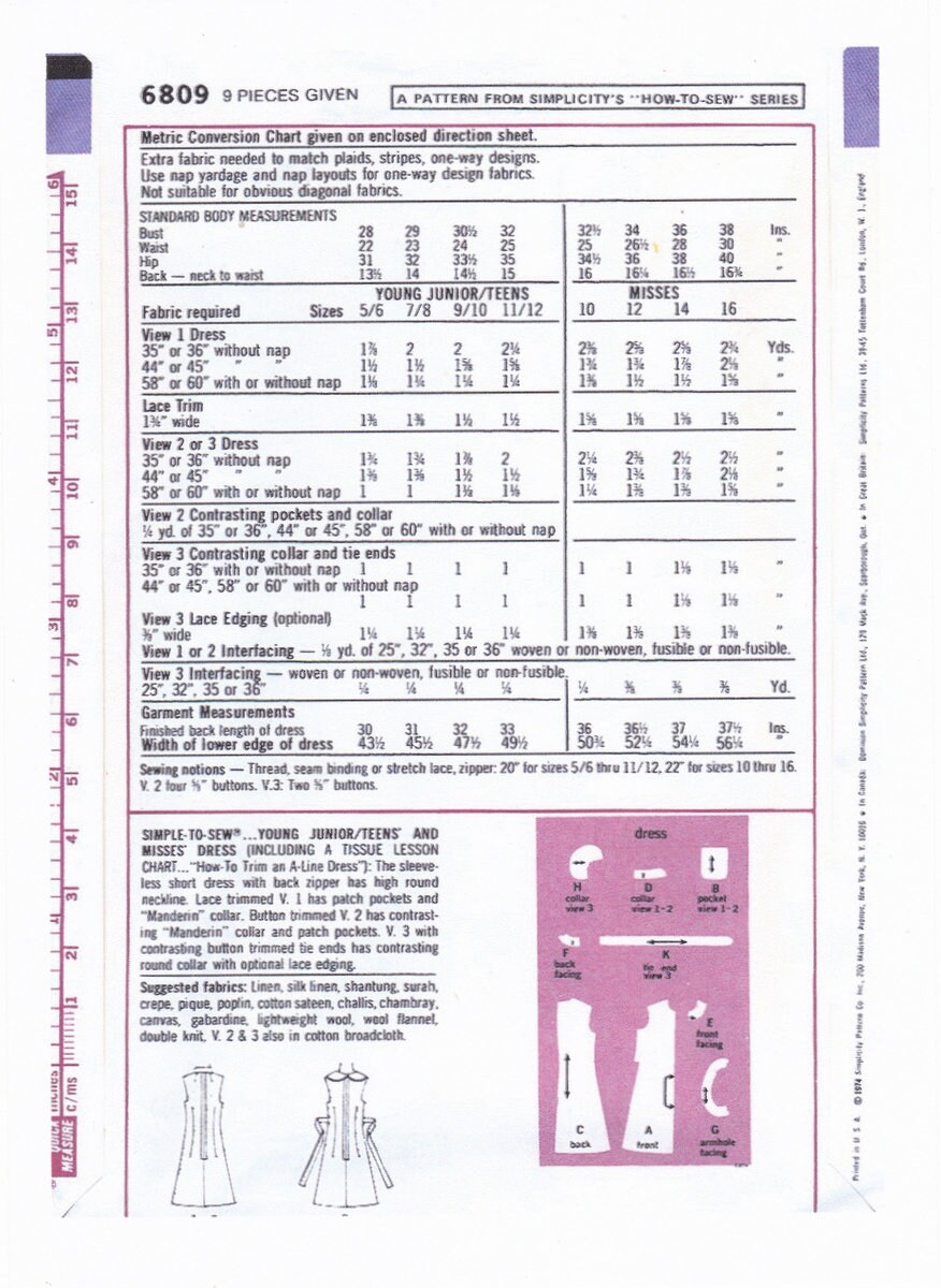 Simplicity 6809 Vintage Sewing Pattern, Misses' Dress ~ Sleeveless ...