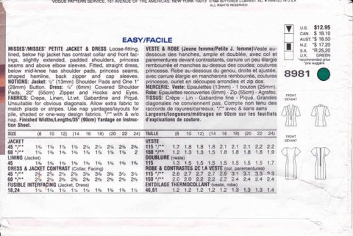 Vogue 8981 Vintage Sewing Pattern, Misses'/miss Petite Jacket & Dress ...