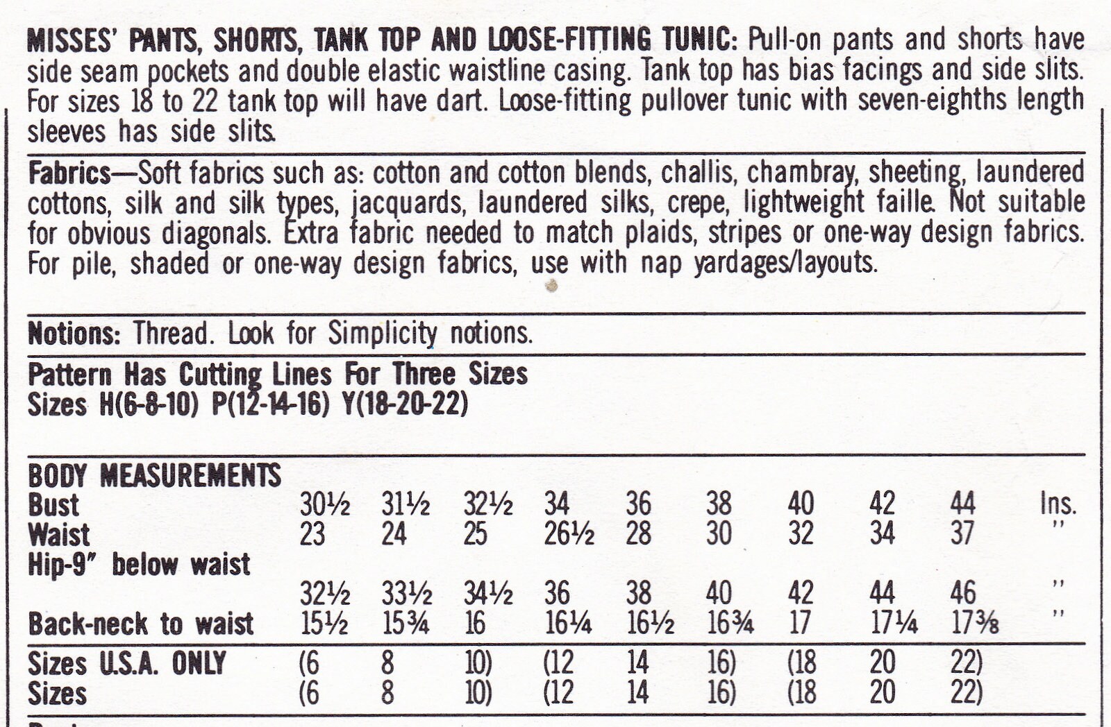 Simplicity 8368 Vintage Sewing Pattern, Misses' Pants, Shorts, Tank Top ...