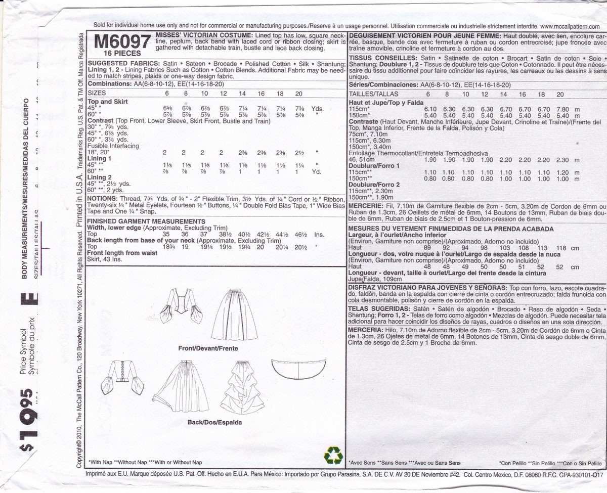 Mccall's M6097 Misses' Victorian Costume Sewing Pattern Laced Ribbon ...