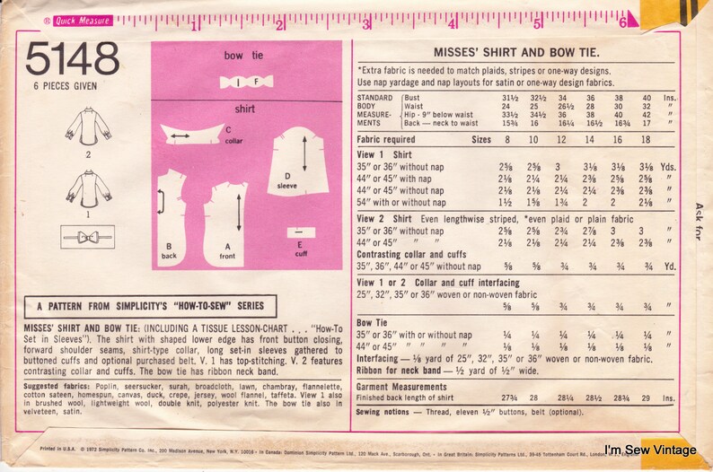 Simplicity 5148 Vintage Sewing Pattern Misses' Shirt and - Etsy