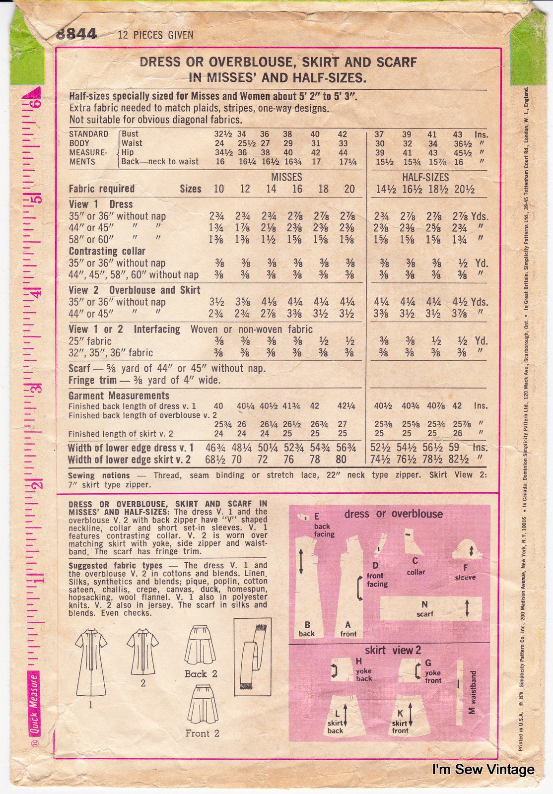 Simplicity 8844 Vintage Sewing Pattern, Misses' Half Size Dress, Over ...