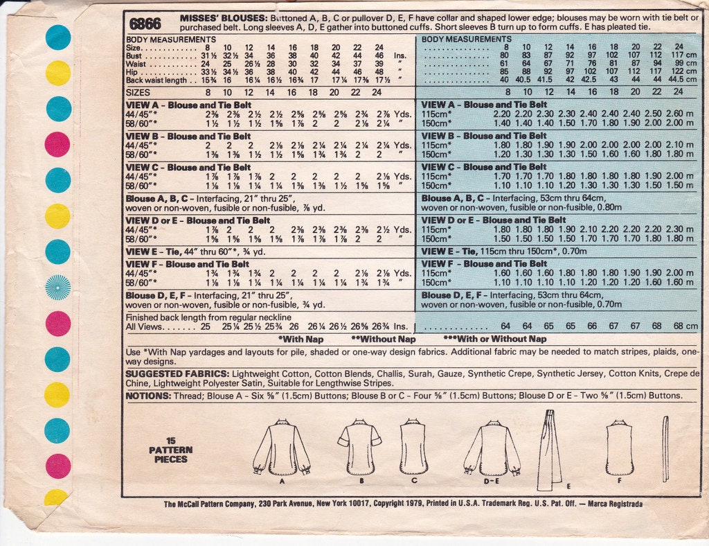 Mccall's 6866 Vintage Sewing Pattern, Misses' Blouses Buttoned ...