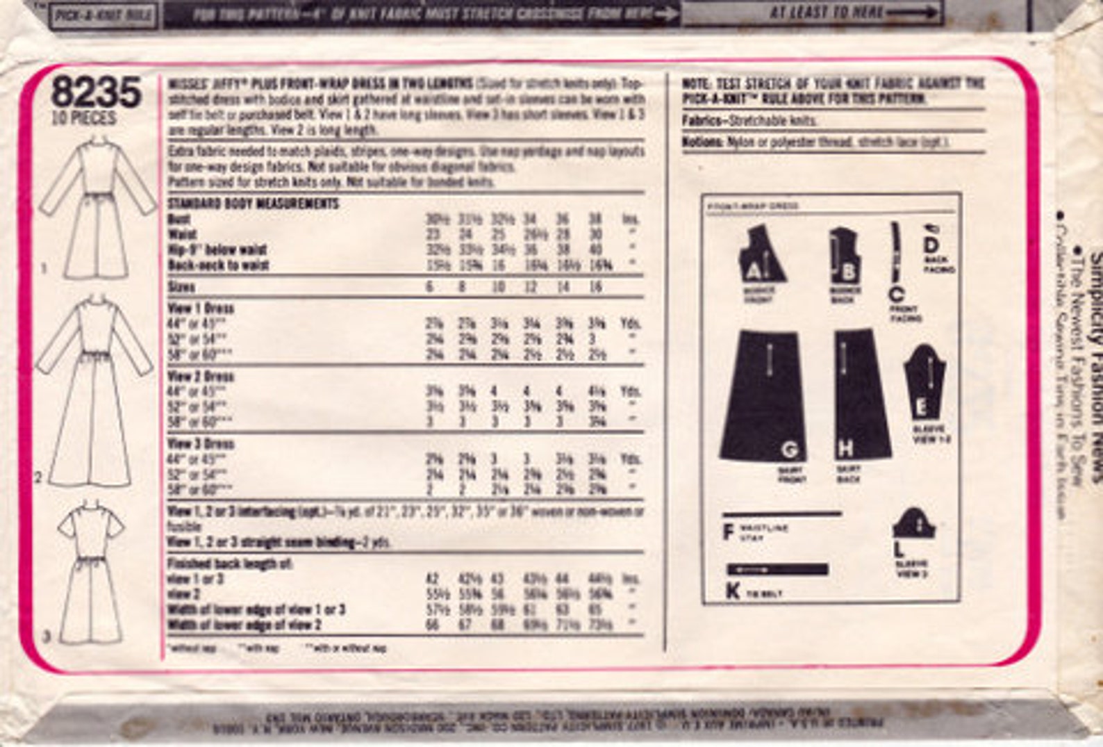 Simplicity 8235 Vintage Sewing Pattern, Misses' Dress for Knits, Jiffy ...