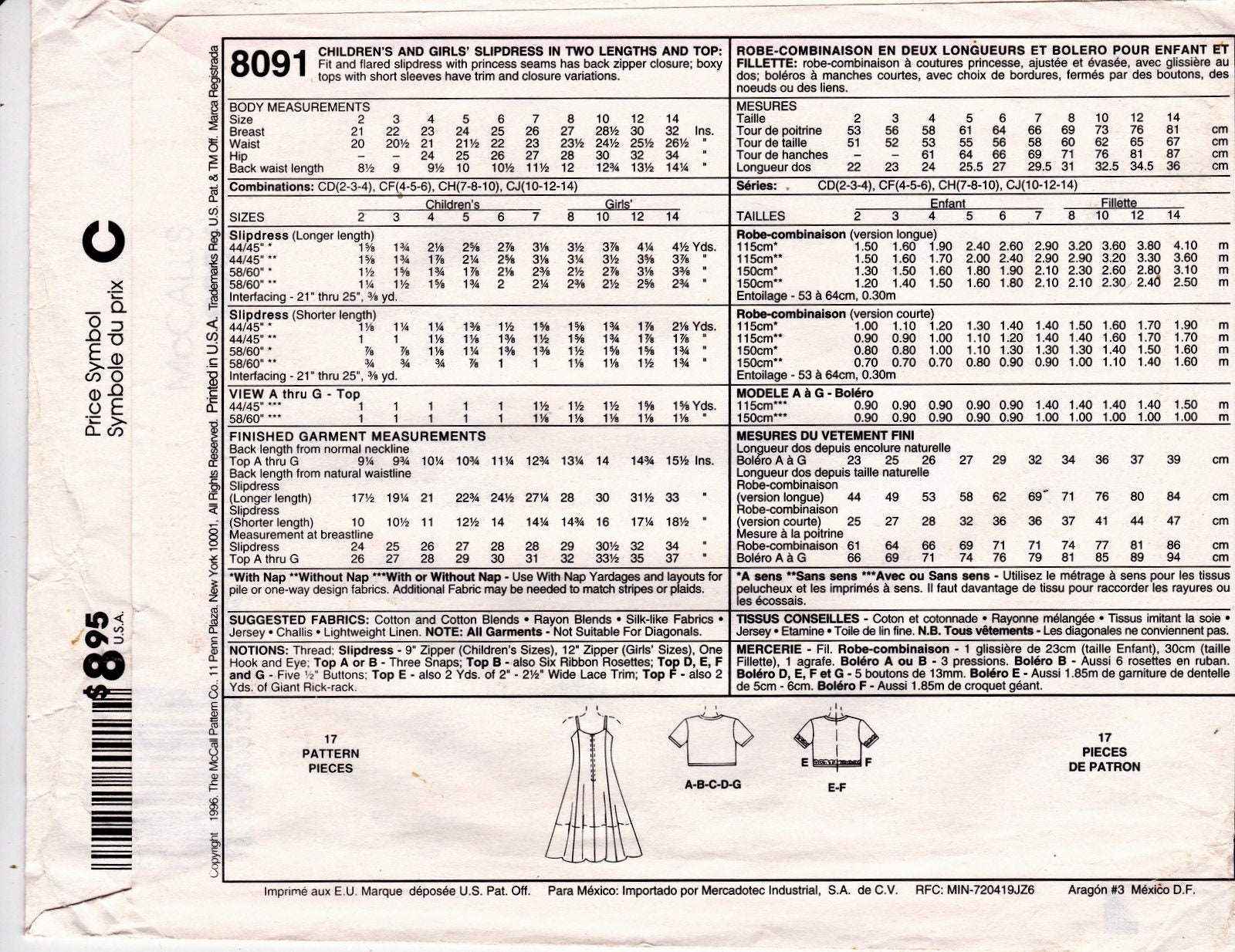 Mccall's 8091 Vintage Sewing Pattern, Girls' Slip-dress, Sundress in ...