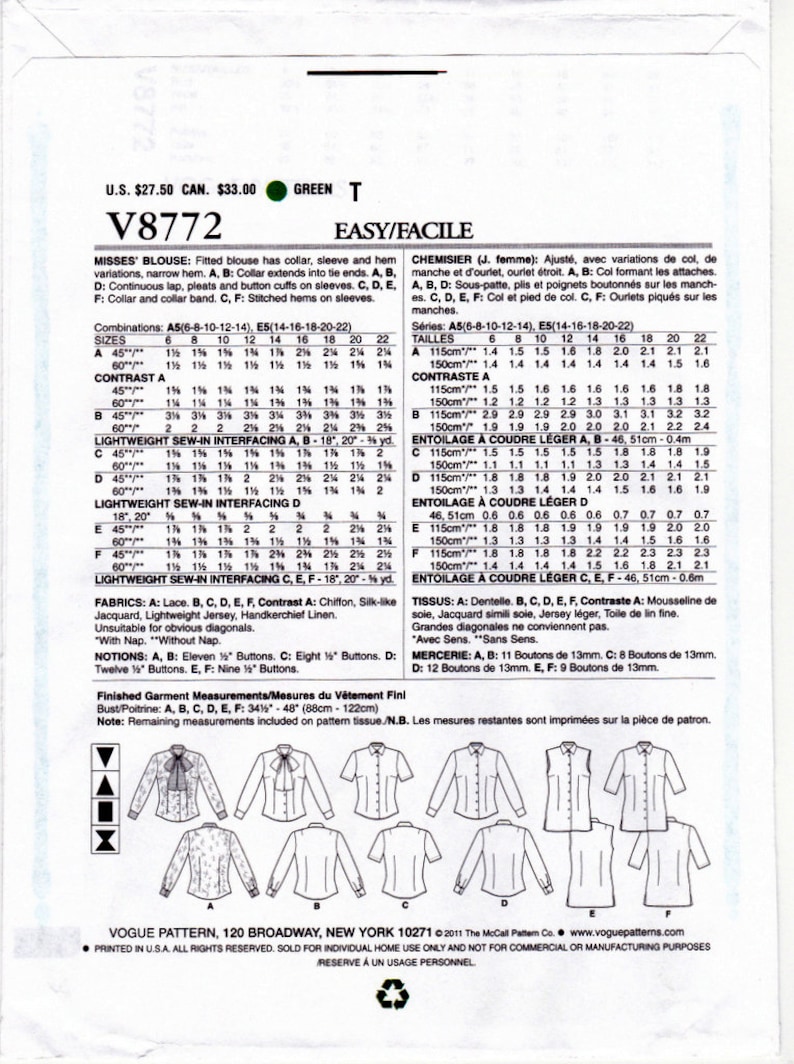 Vogue 8772 Sewing Pattern, Misses' Blouses Fitted With Collar, Sleeve ...