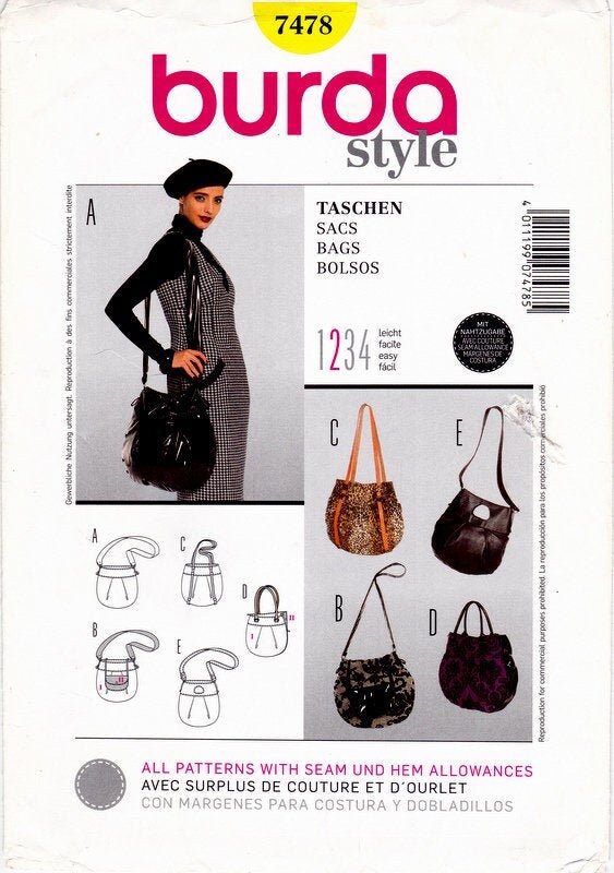 Burda 7478 Accessories Sewing Pattern ~ Handbags & Shoulder Bags ...